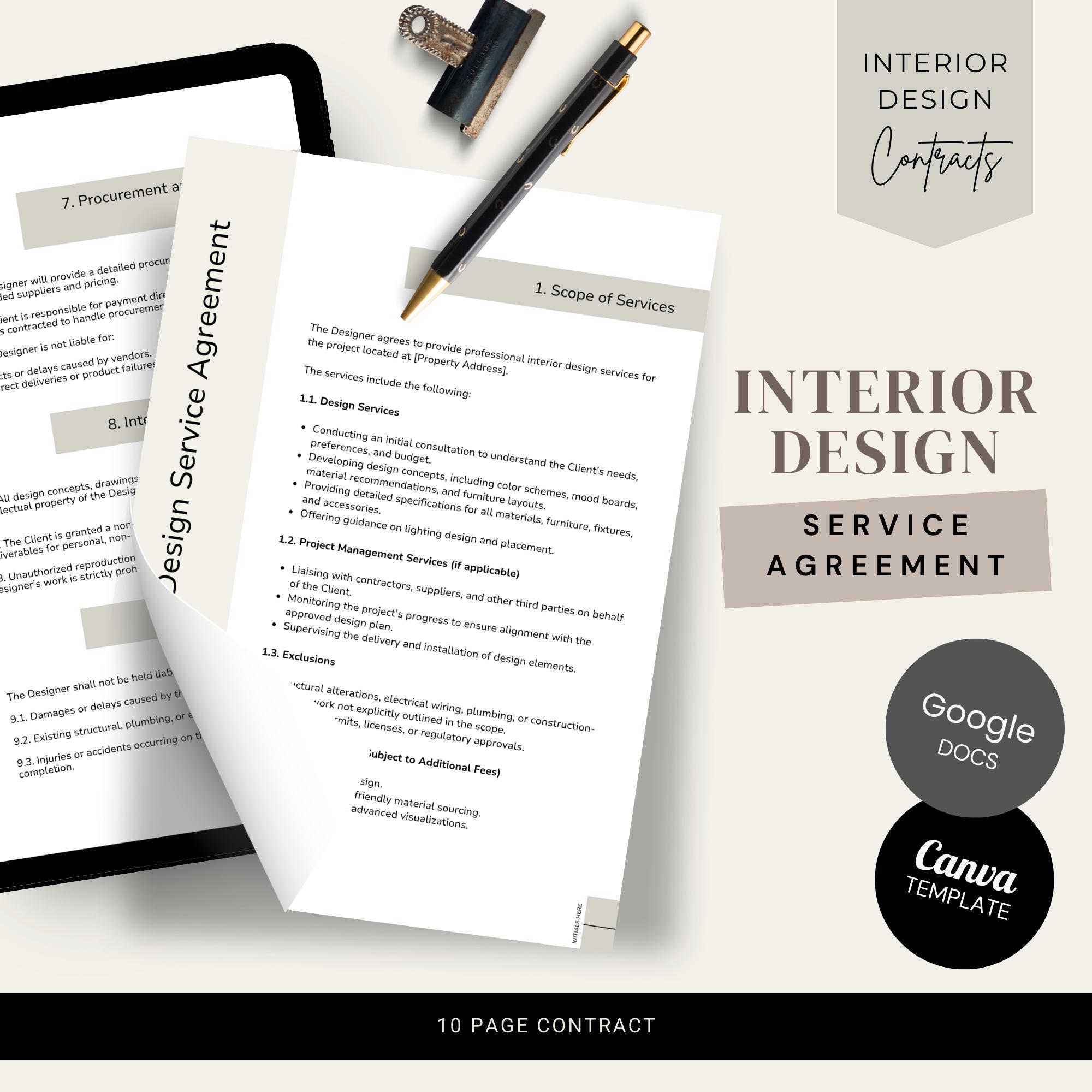 Editable Interior Design Contract Template | Interior Design Services Agreement | Canva Template ...