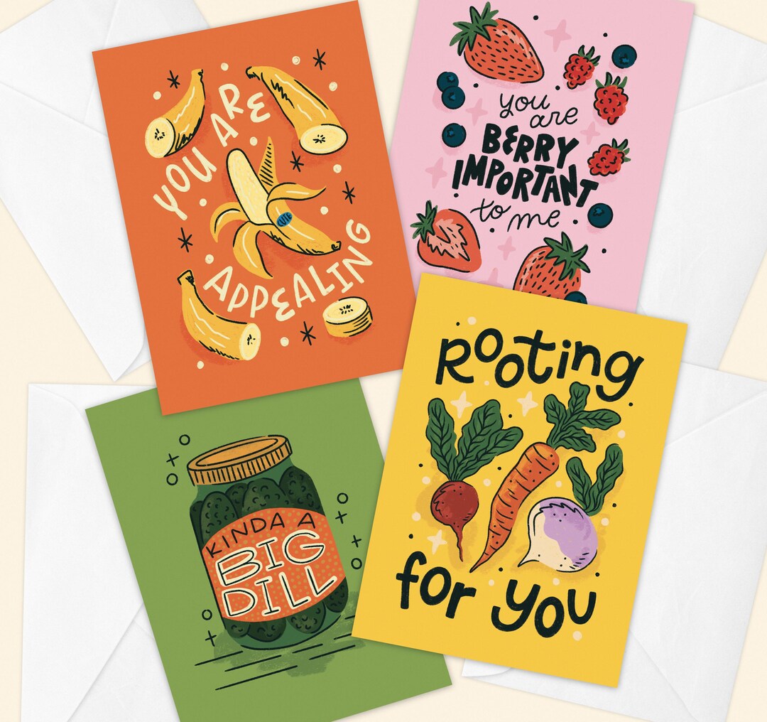 Fruit & Vegetable Pun Greeting Card Set: Hand-drawn All Occasion Cards ...