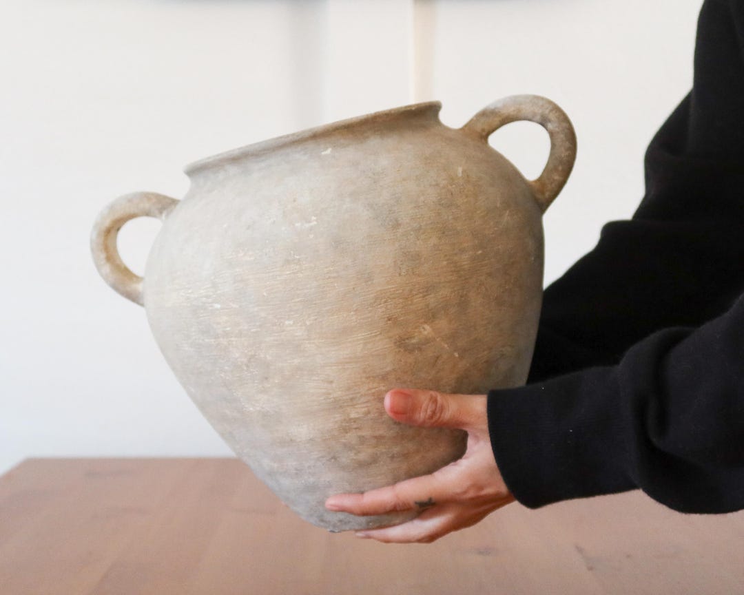 Large Rustic Vase, Textured Vase, White Beige Aged Vessel With Handles ...