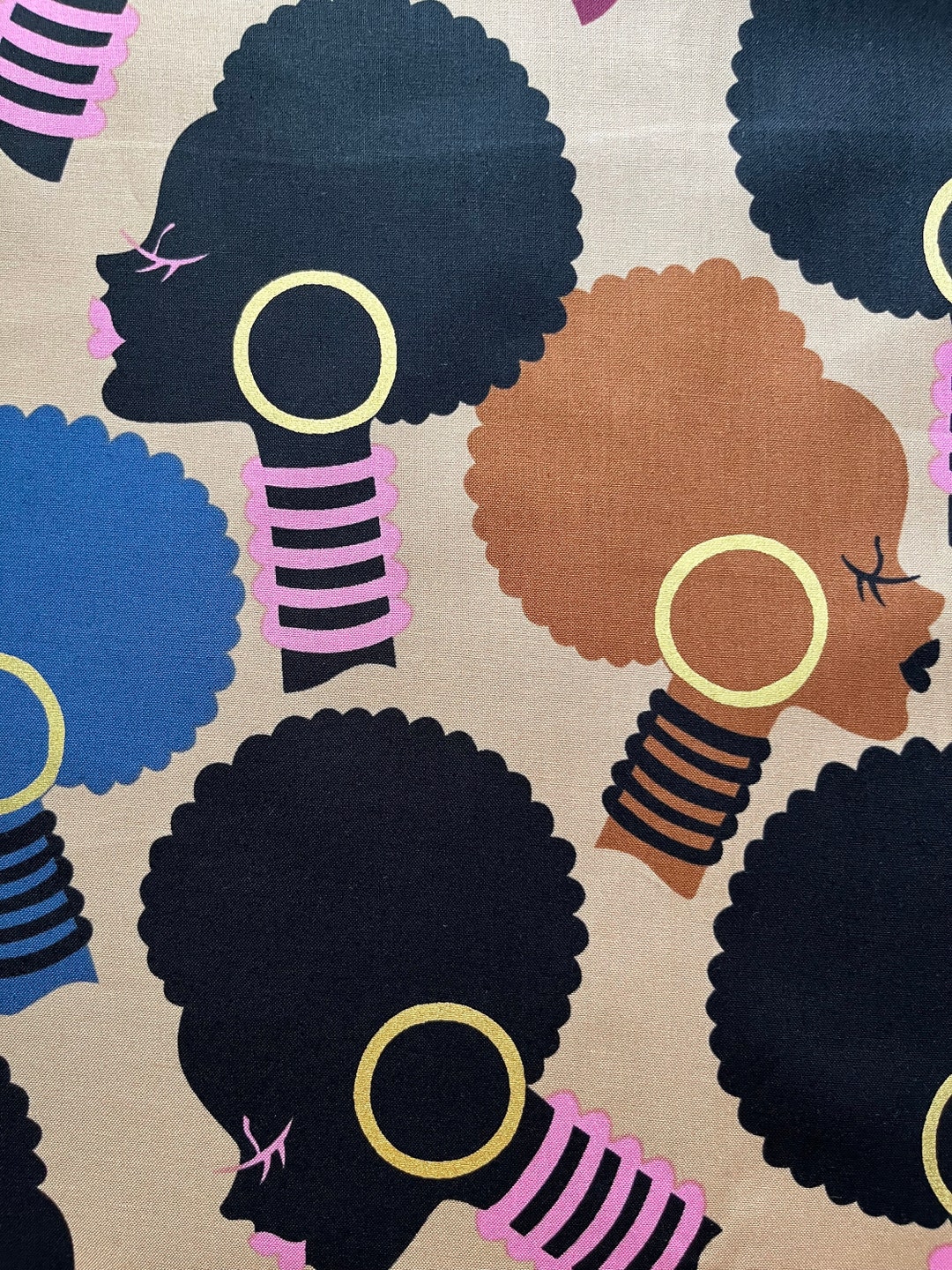 Electra Afro Girl Fabric by the Yard, Gold Earrings on Taupe, African ...