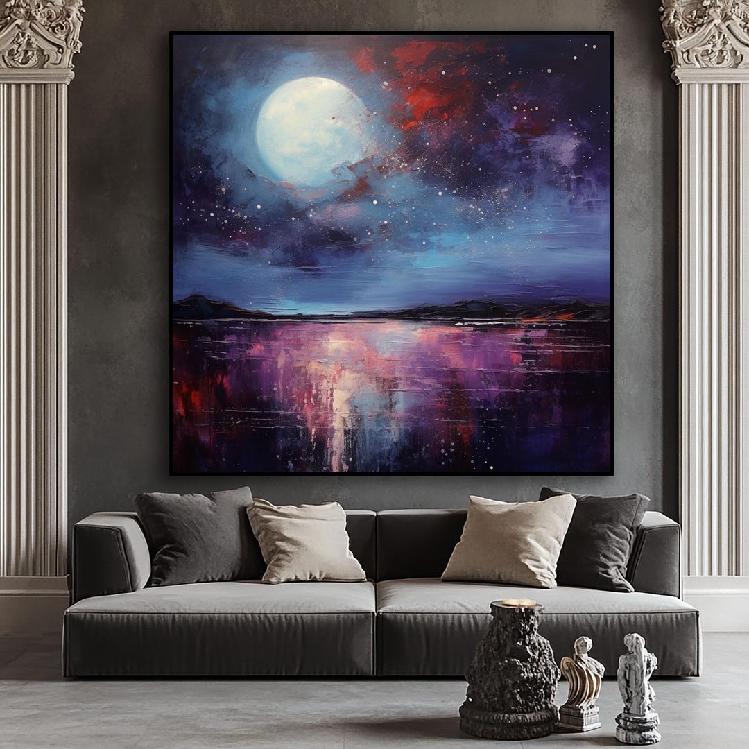Textured Full Moon Oil Painting: Starry Night, Purple Water - Etsy