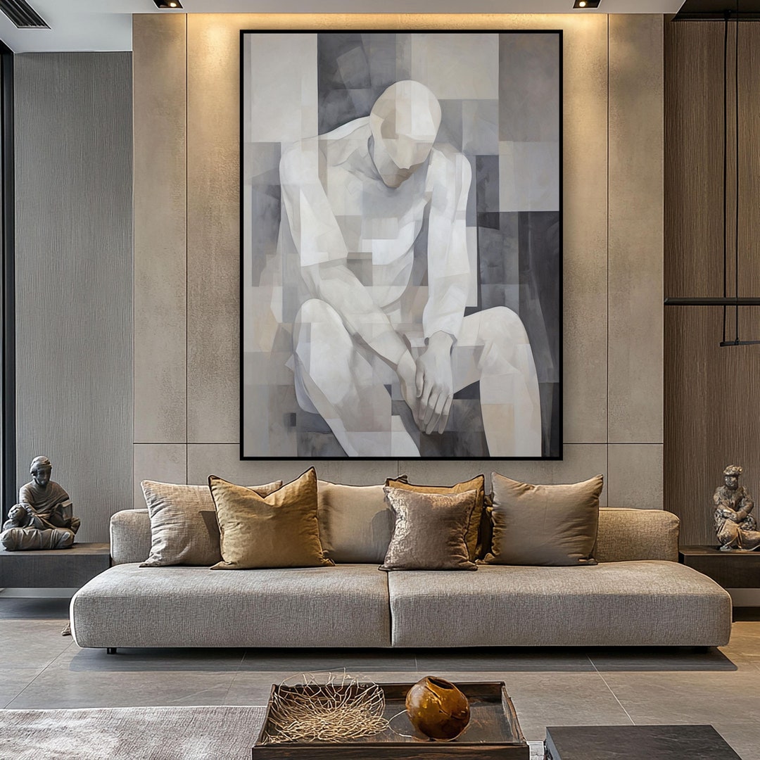 Abstract Cubism Oil Painting: Sitting Man, Modern Gray Wall Decor - Etsy