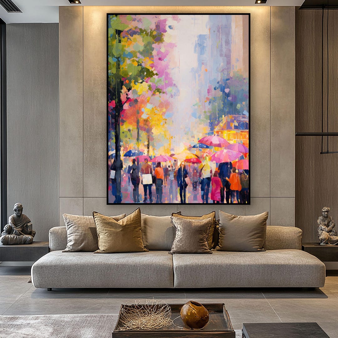 Hand Painted Rainy City Oil Painting, Colorful Umbrellas, Abstract Wall ...