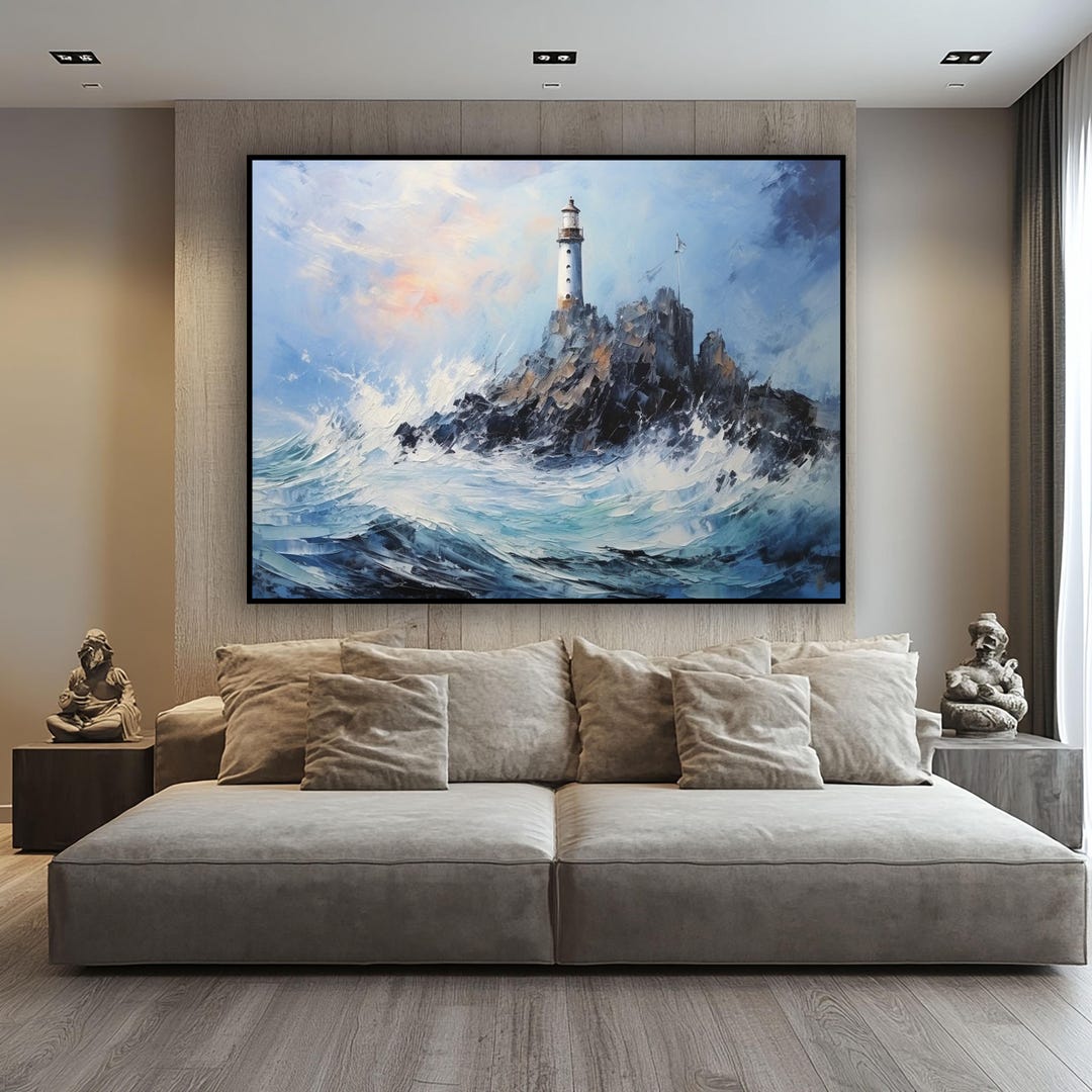 Abstract Lighthouse Oil Painting: Crashing Waves, Blue Sky Canvas Art ...