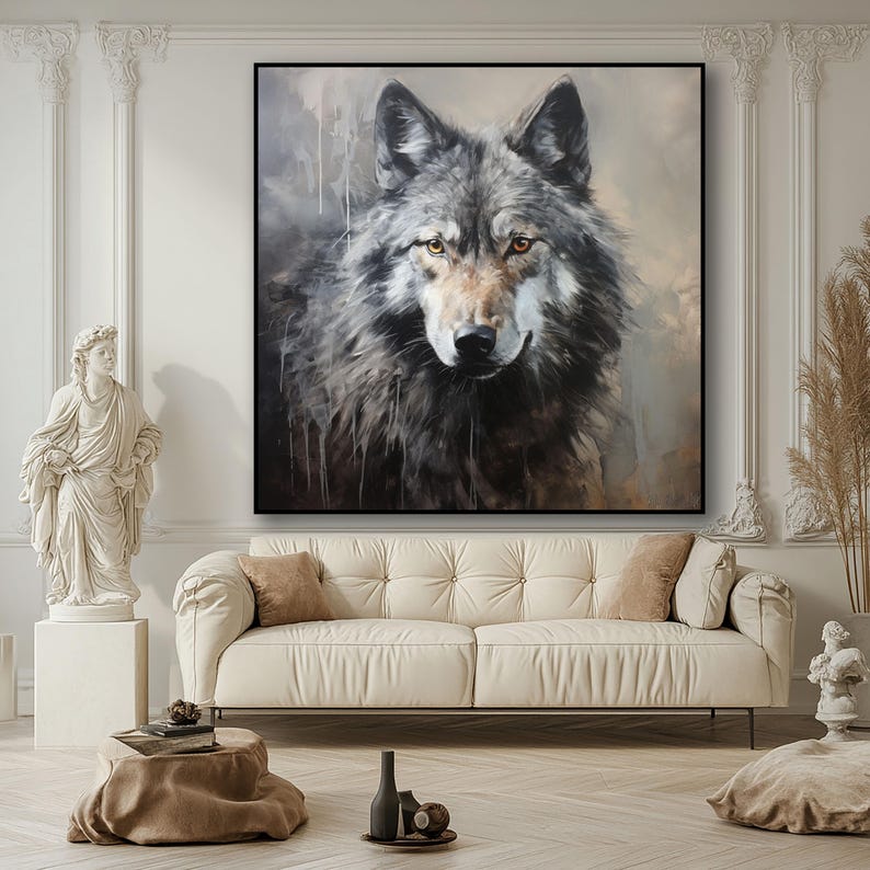 Textured Gray Wolf Portrait Oil Painting, Abstract Animal Wall Art ...