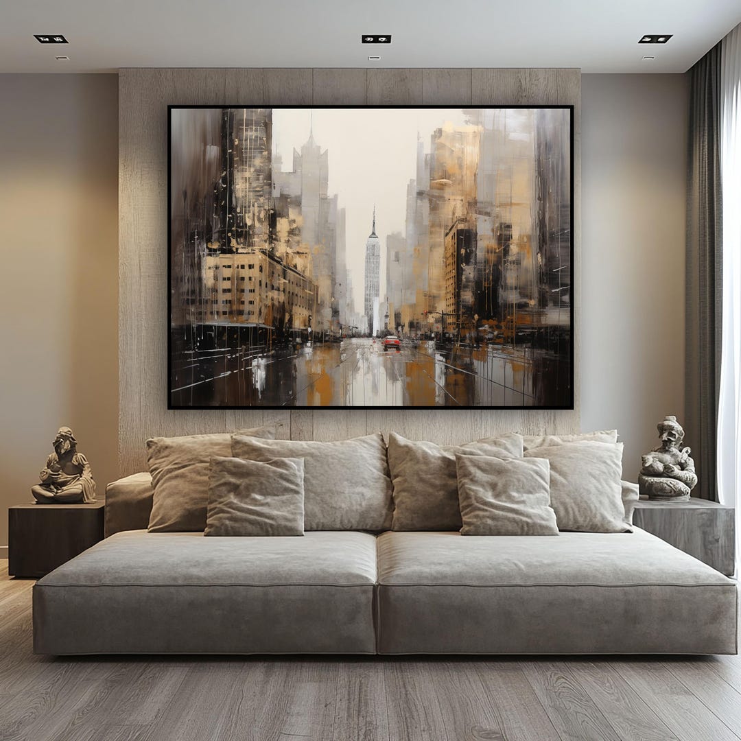 Textured Abstract Cityscape Oil Painting: Brown, Gold & Grey Urban Art ...