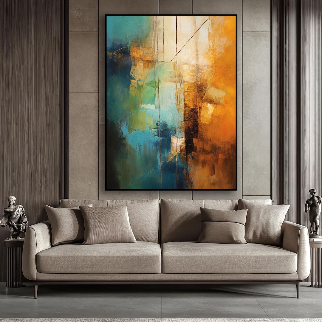 Modern Abstract Textured Oil Painting: Teal - Blue, Green & Orange Hues ...