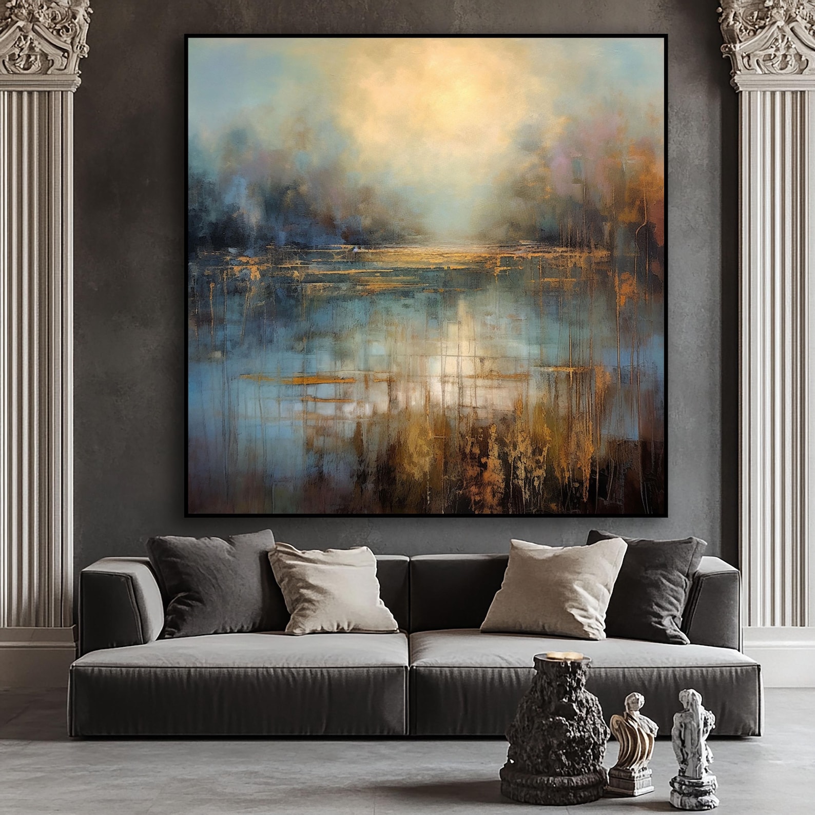 Golden Lake Abstract Oil Painting: Textured Landscape Canvas Art - Etsy