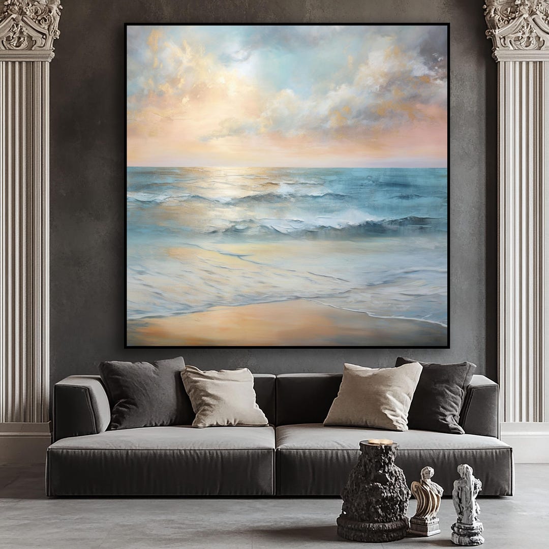 Abstract Ocean Sunset Oil Painting: Golden Blue Waves, Pink Sky - Etsy