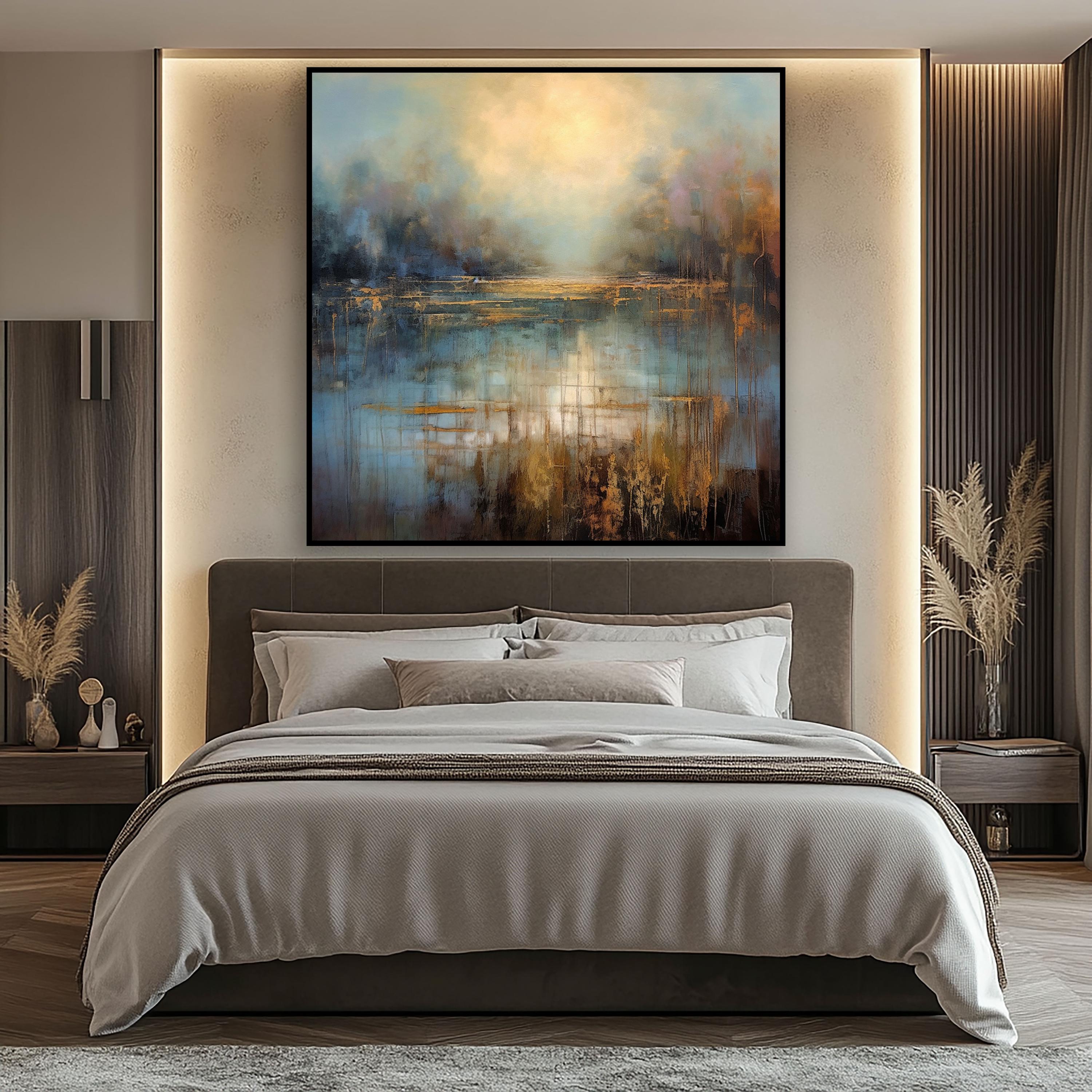 Golden Lake Abstract Oil Painting: Textured Landscape Canvas Art - Etsy