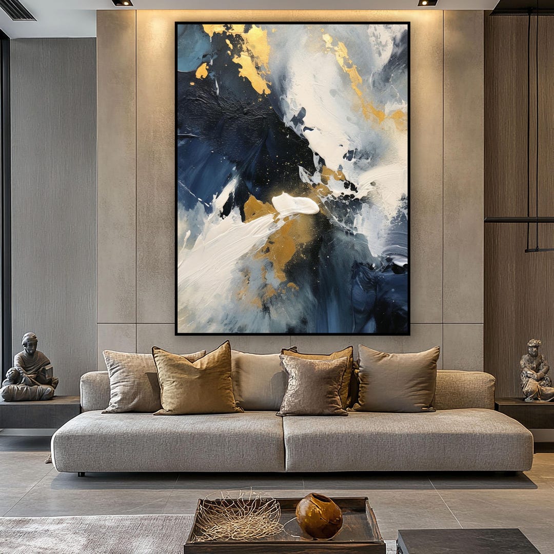 Navy Blue & Gold Abstract Oil Painting: Modern Textured Canvas Wall Art ...