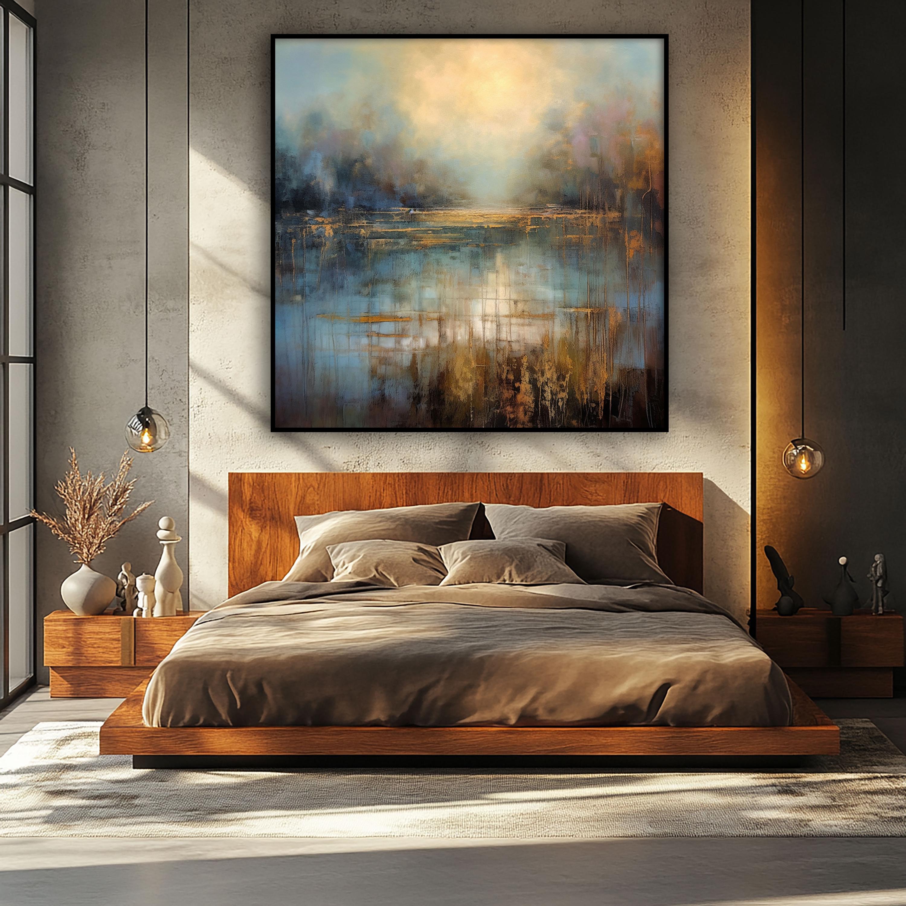 Golden Lake Abstract Oil Painting: Textured Landscape Canvas Art - Etsy