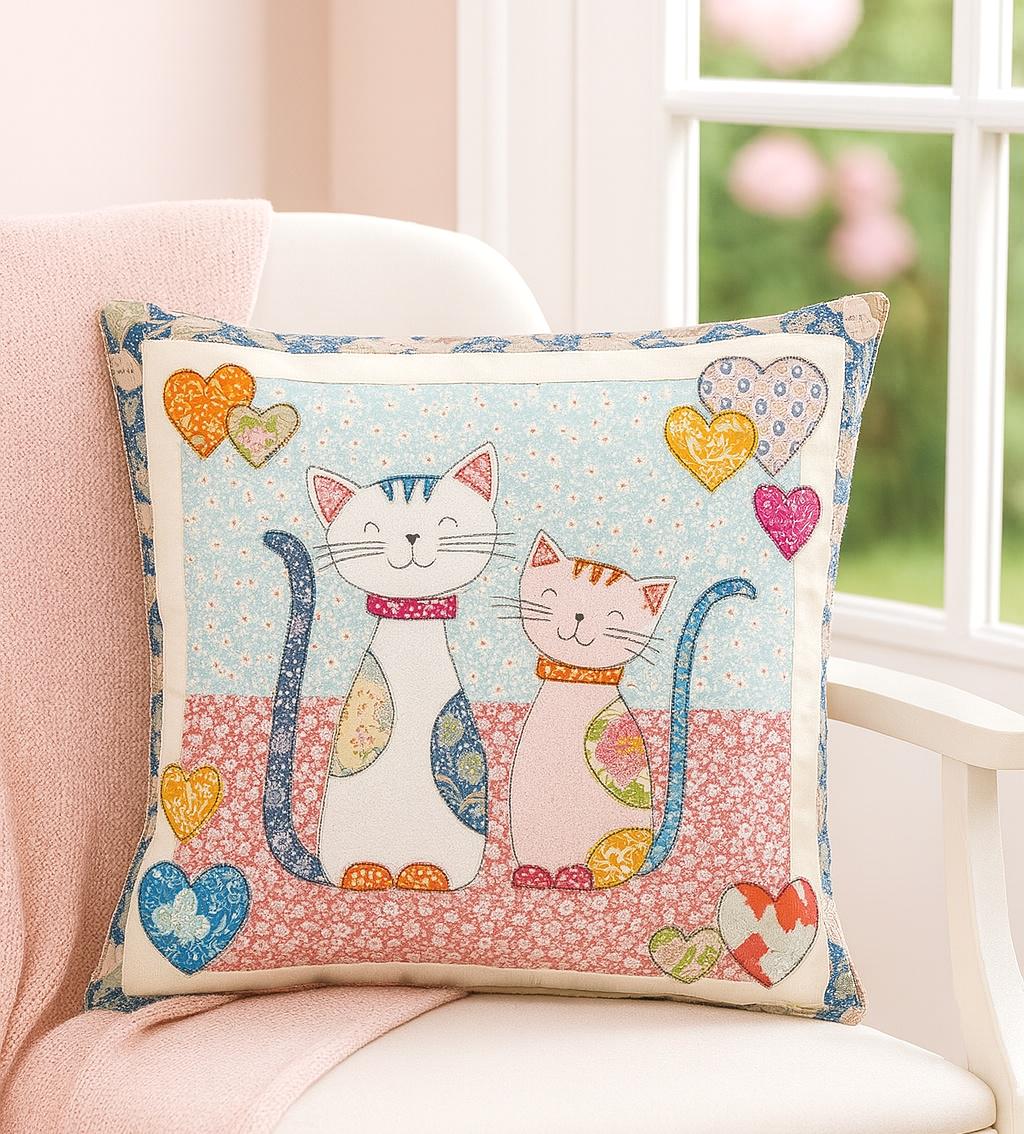 Kitty Cats Cushion Cover Patchwork and Applique Printed Sewing Pattern ...