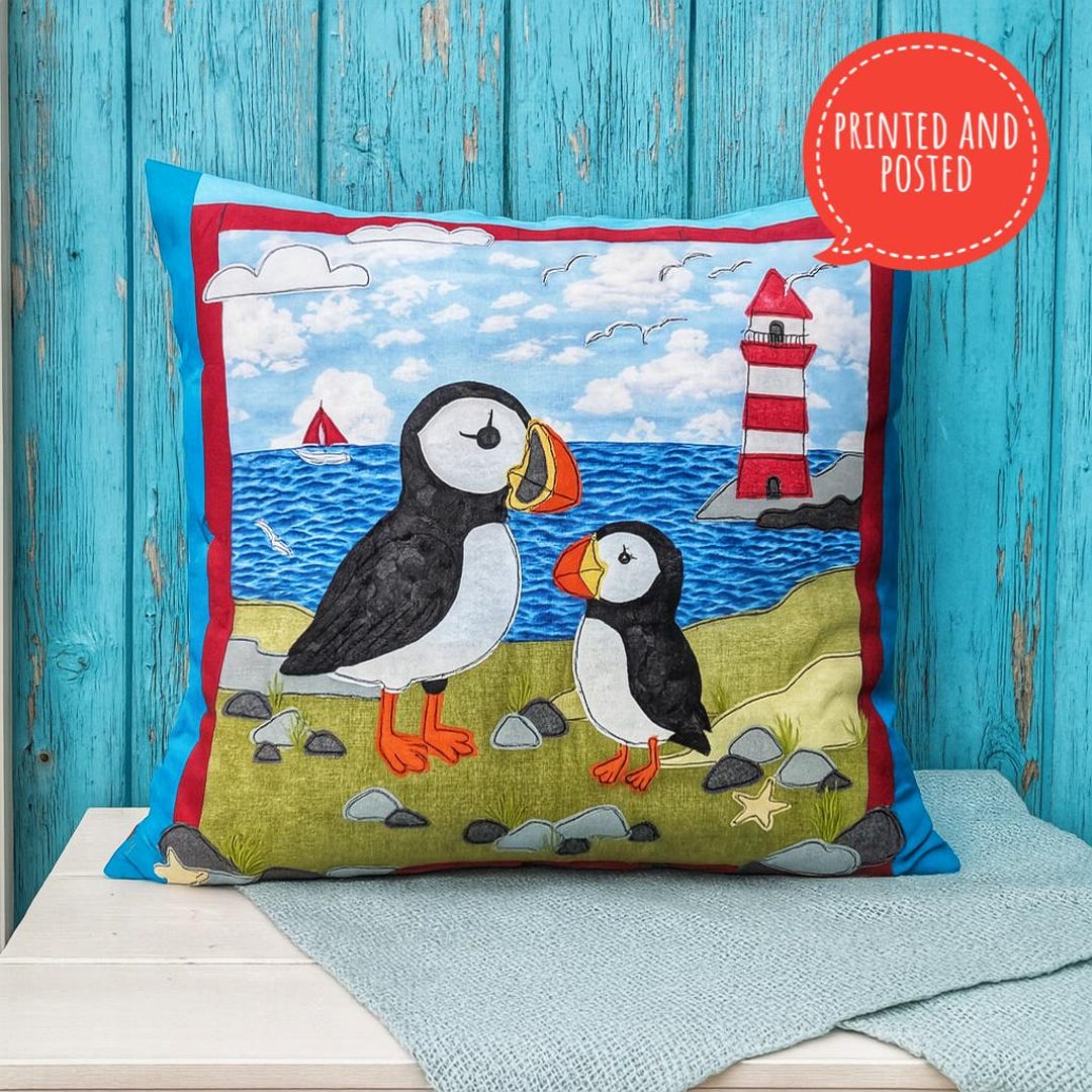 Puffin Cushion Appliqué Sewing Pattern – Seaside Lighthouse Scene With ...