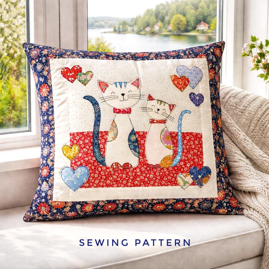 Kitty Cats Cushion Cover Patchwork and Applique Printed Sewing Pattern ...