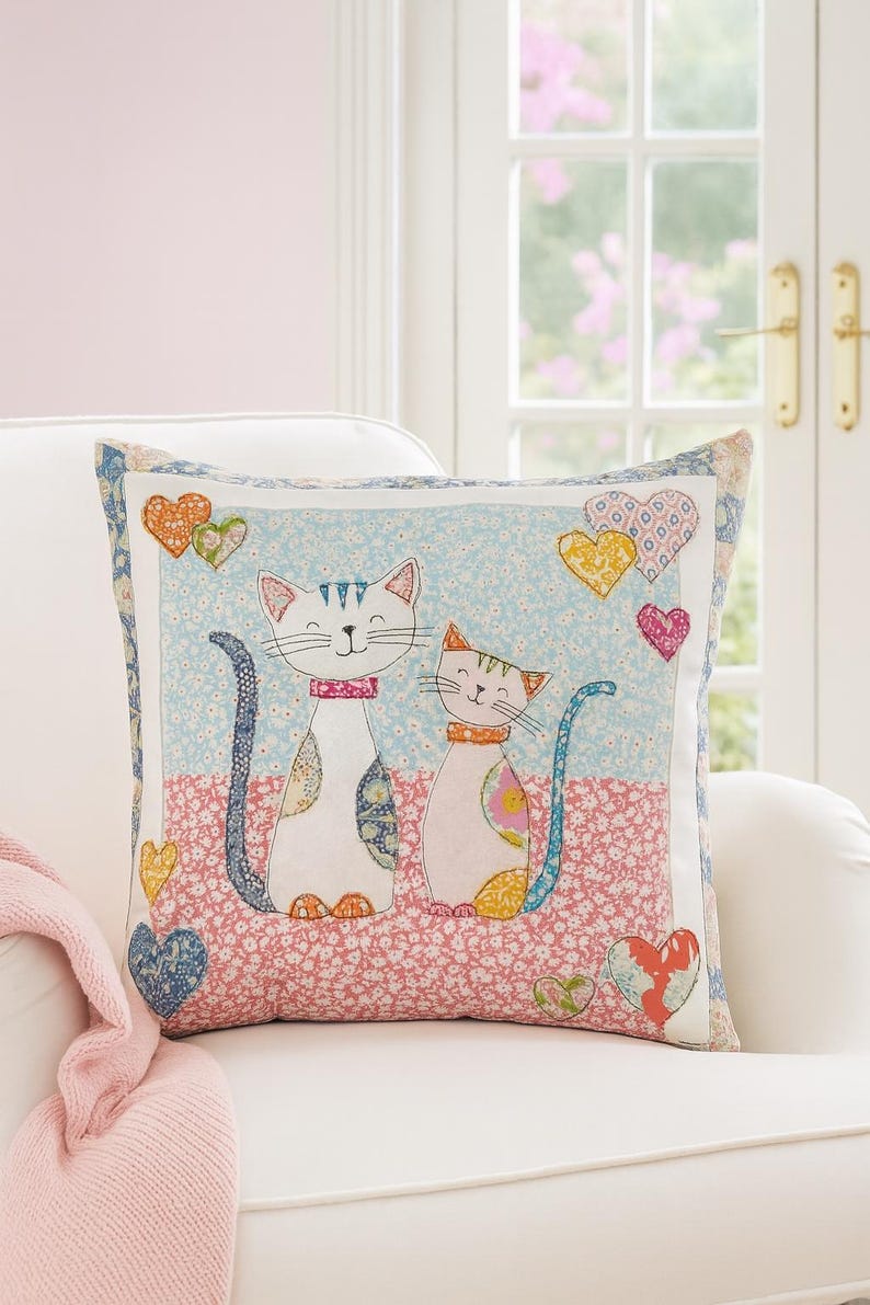 Kitty Cats Cushion Cover Patchwork and Applique Printed Sewing Pattern ...