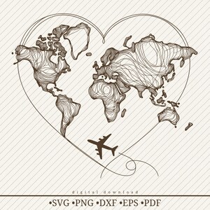 World Map Heart Airplane Design - Travel Svg, Flight Svg, Globe Vector ...
