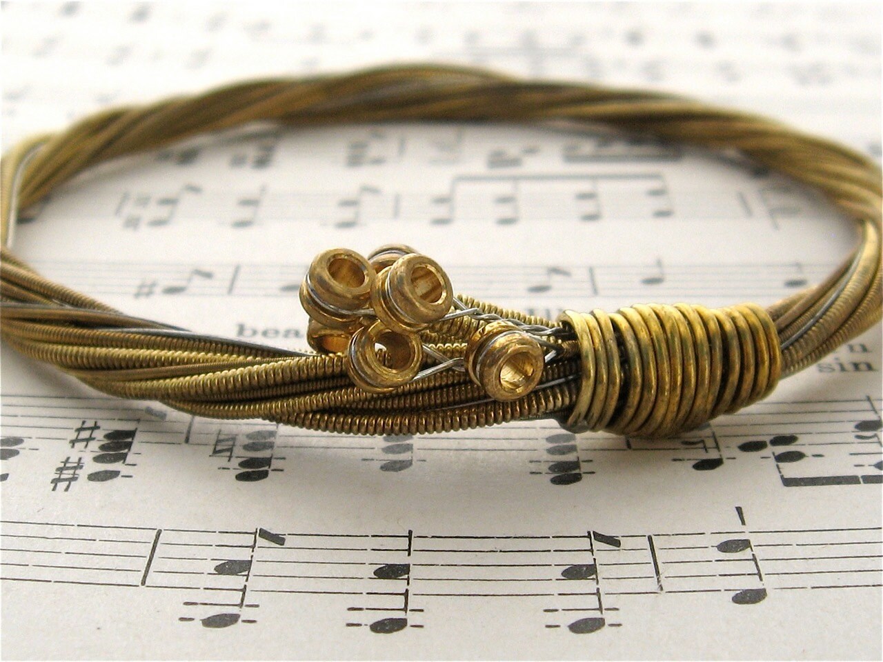 Recycled Acoustic Guitar String Bracelet Gold Colored With Brass Ball ...