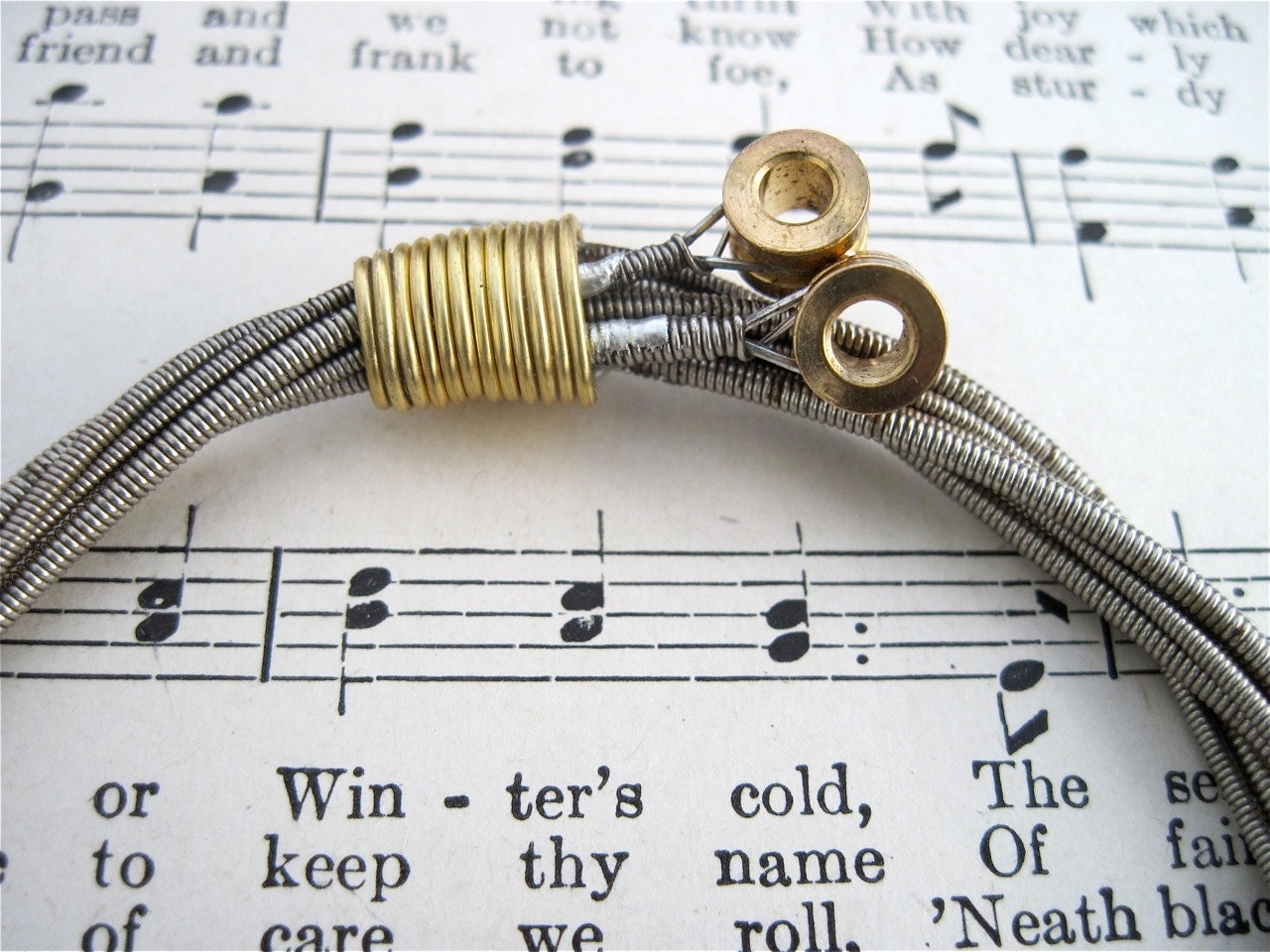 Recycled Bass Guitar String Bracelet silver colored with brass | Etsy