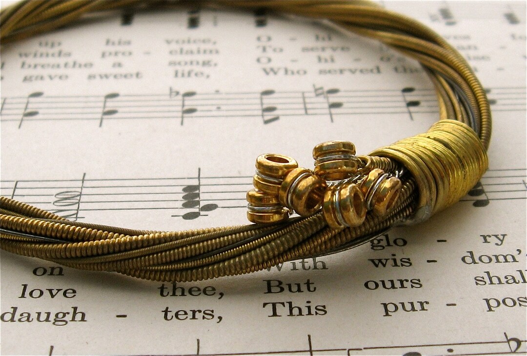 Recycled Acoustic Guitar String Bracelet Gold Colored With Colored Ball ...