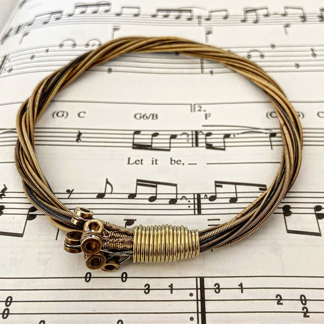 Recycled Acoustic Guitar String Bracelet Gold Colored With Brass Ball ...