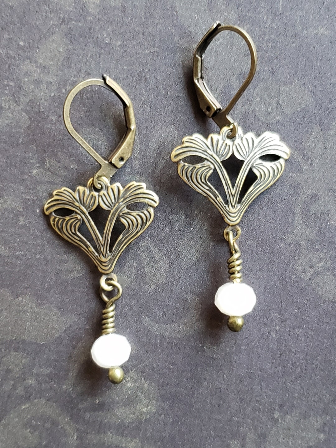 Art Nouveau Earrings Vintage Art Deco Style Dangle Brass Cream Glass ...