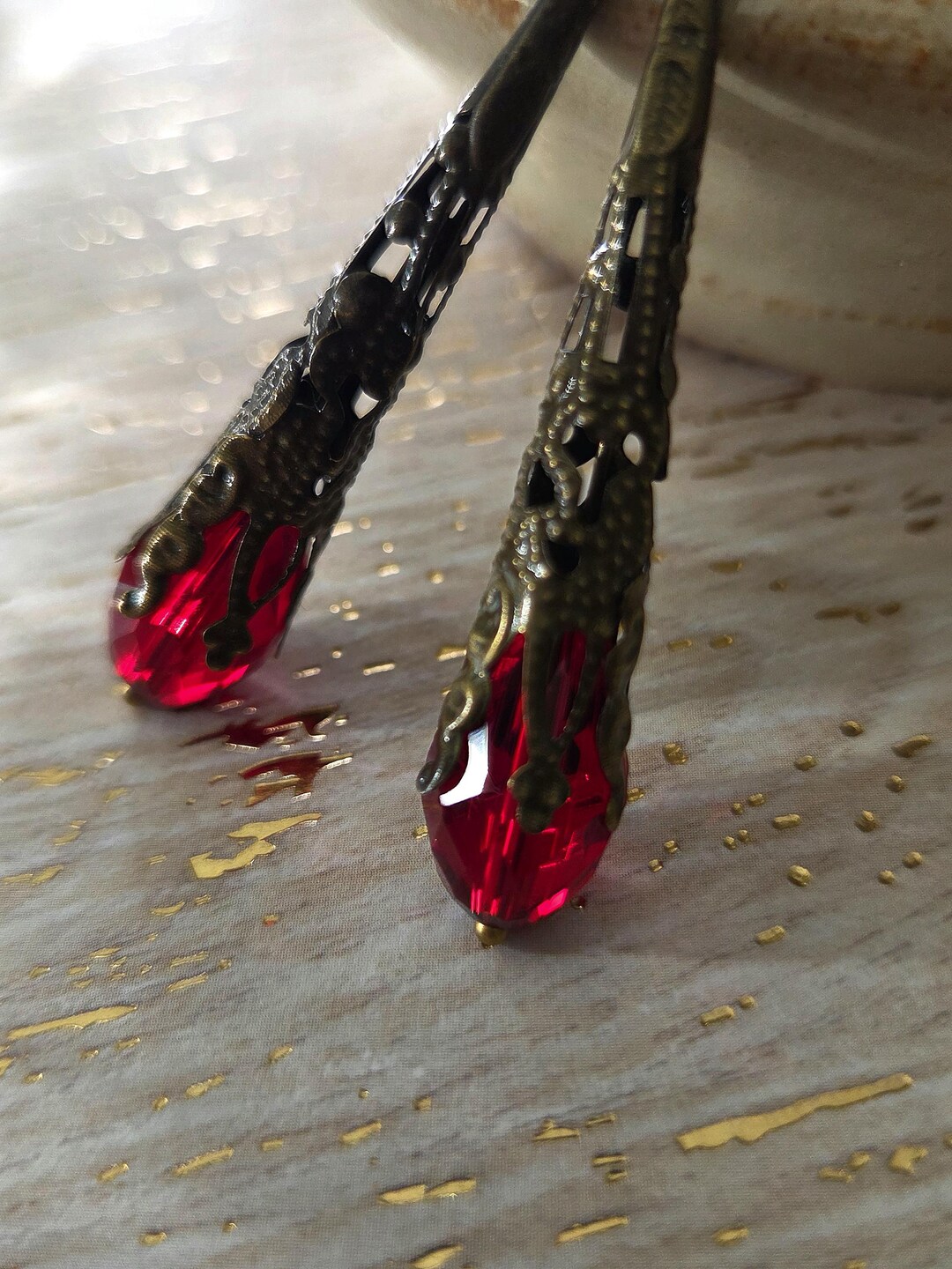 Ruby Red Faceted Crystal Glass Drop Earrings • Antique Brass Cone ...