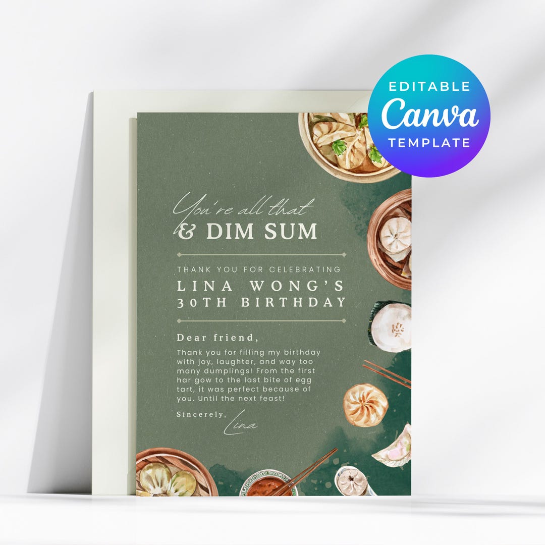 Dumpling Thank You Card for Dim Sum Birthday Dinner Party Editable ...