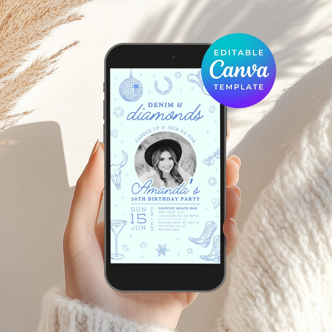 Denim and Diamonds Invitation Template Editable Picture for Themed 30th ...