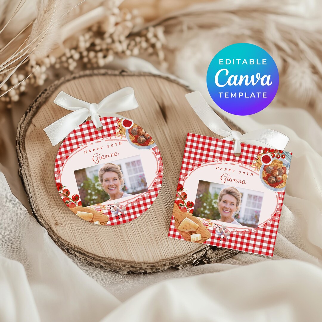 Personalized 50th Birthday Thank You Tags Canva, Italian Pasta Gingham ...