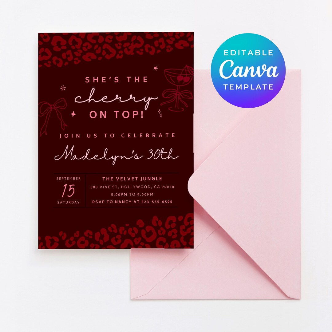 Cheetah and Cherries Invitation 30th Birthday for Women With Bow Pink ...