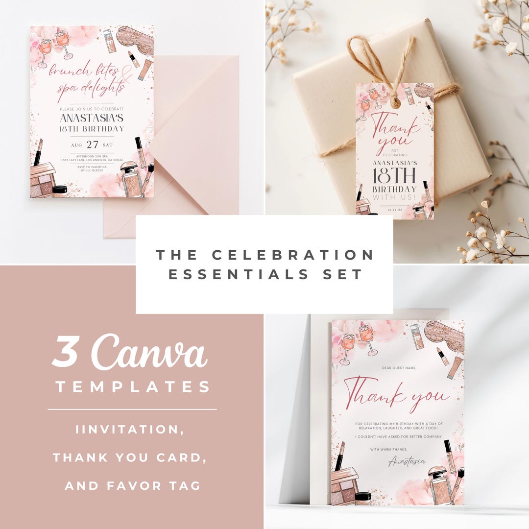 Spa Day Themed Birthday Party Package Mini Bundle Editable Canva ...