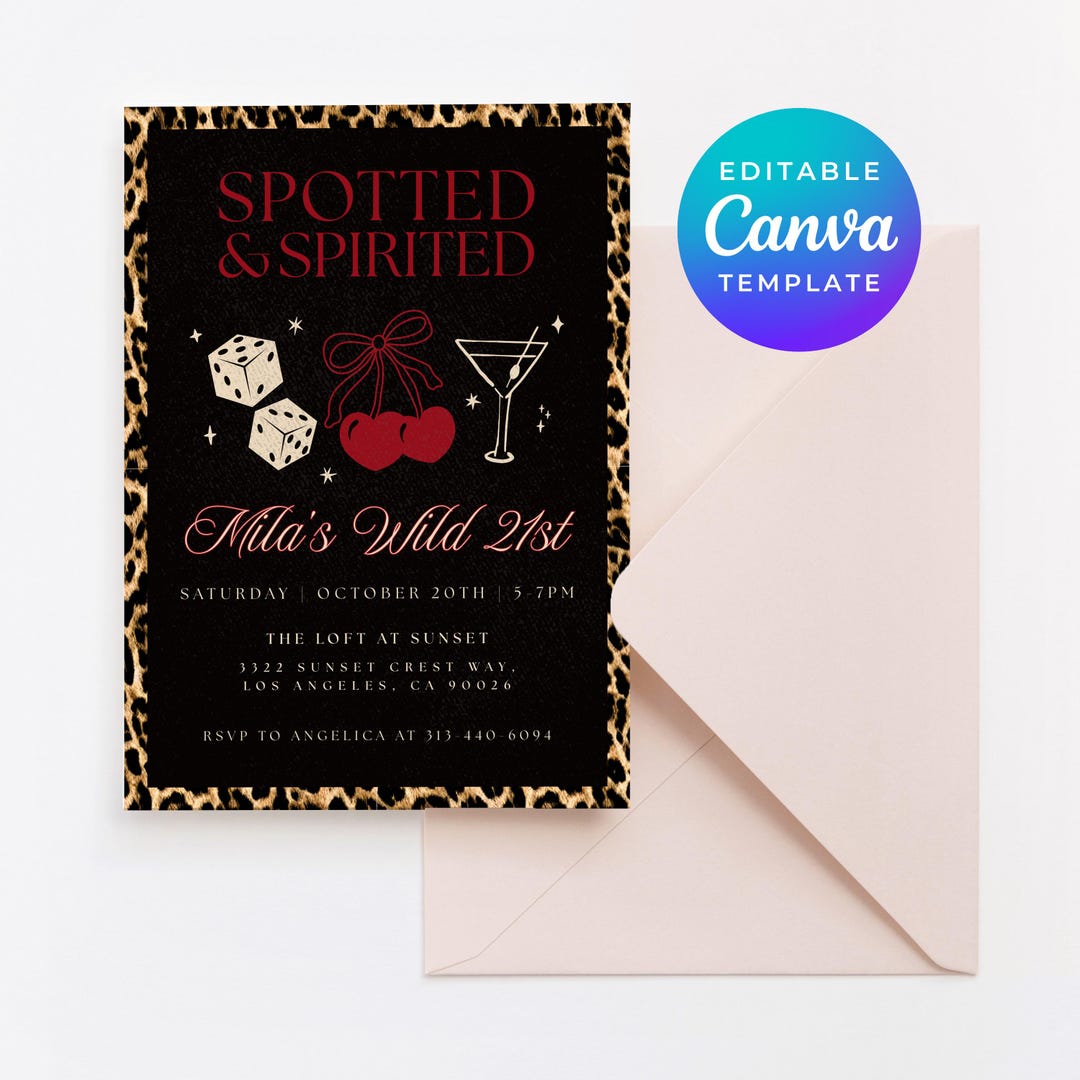 Cheetah Print Cherry Birthday Invitation, 21st Leopard Cherries Party ...