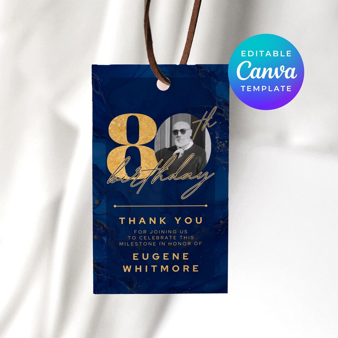 Favor Tags for 80th Birthday Thank You Gift Labels With Photo Blue and ...