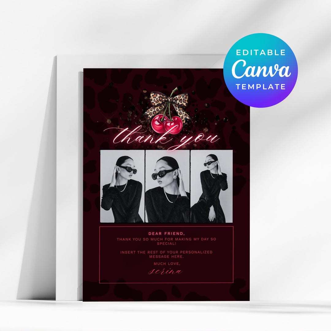 Cheetah Print and Cherries Birthday Theme 30th Thank You Card Editable ...