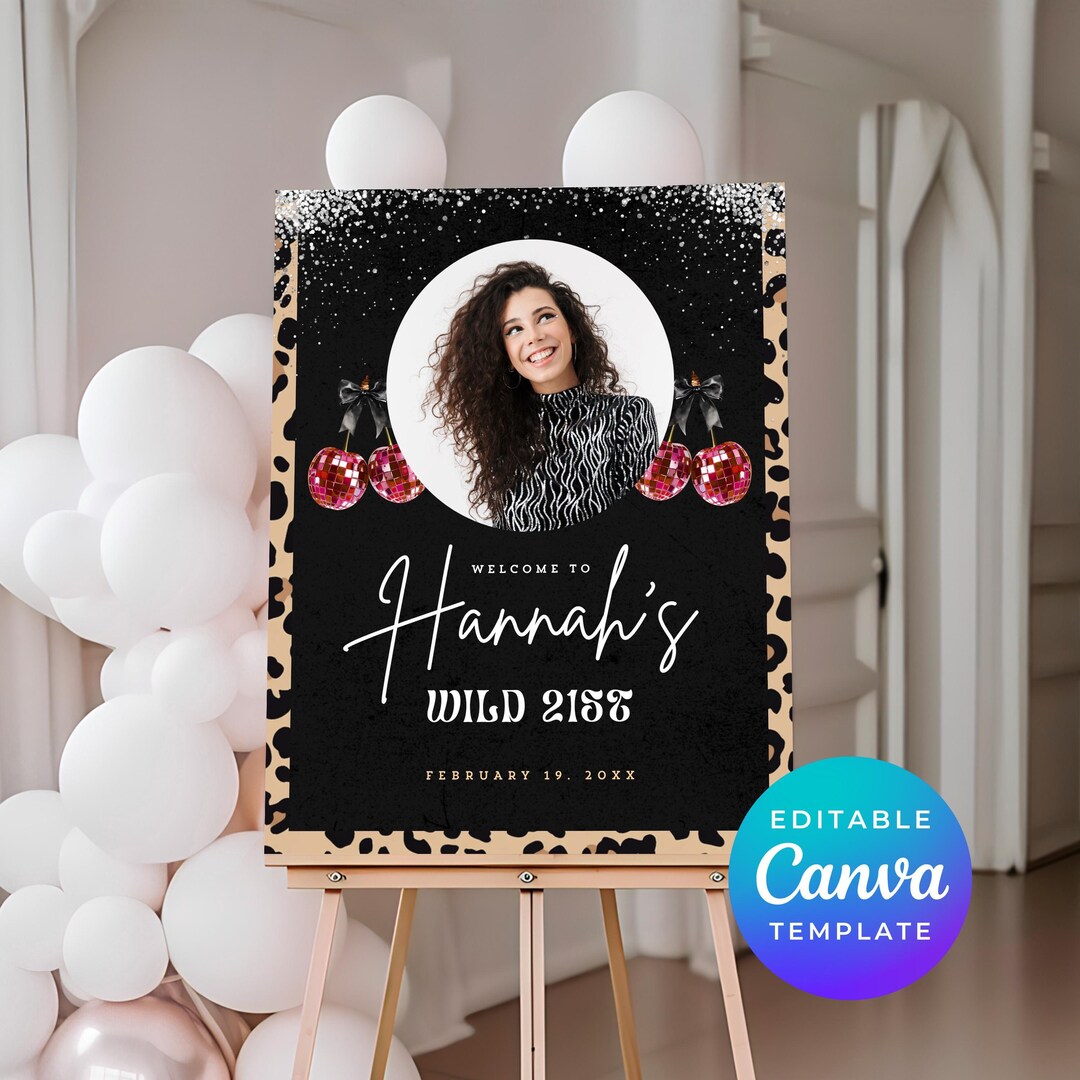21st Birthday Party Sign, Cherry Cheetah Disco Decor Photo, Printable ...