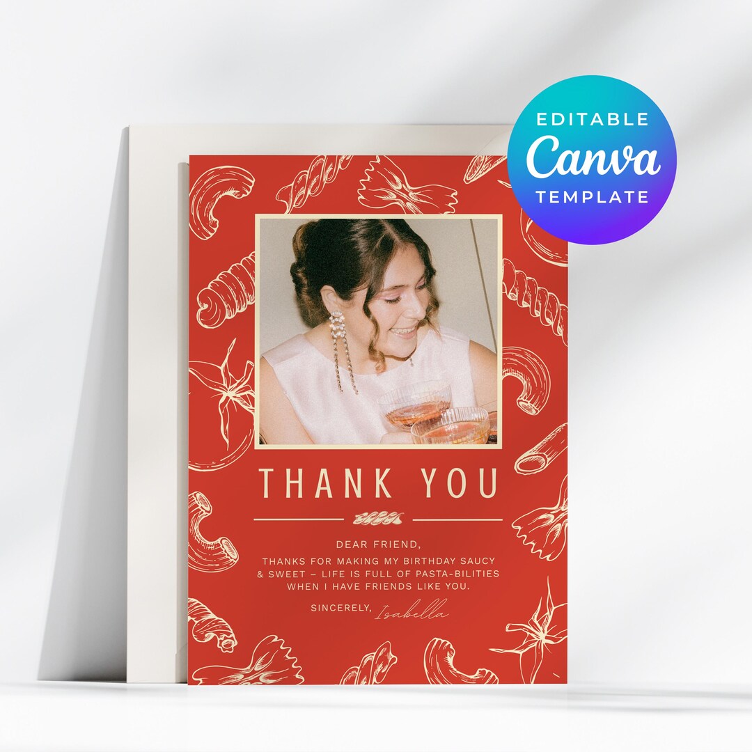 Pasta Thank You Cards, Printable Card Canva Template With Editable ...