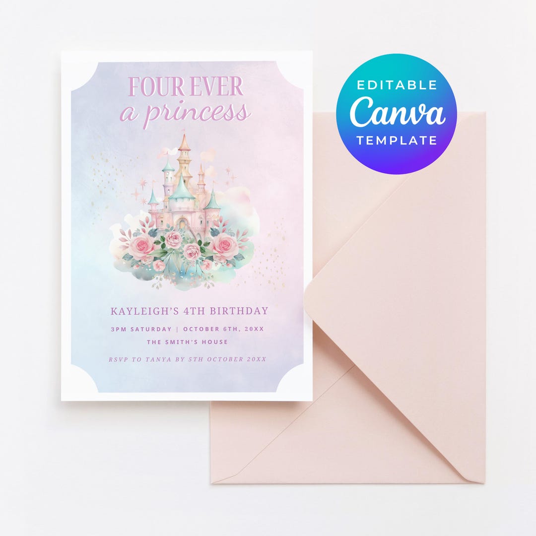 Four Ever A Princess Birthday Invitation Party Girl Watercolor Editable ...