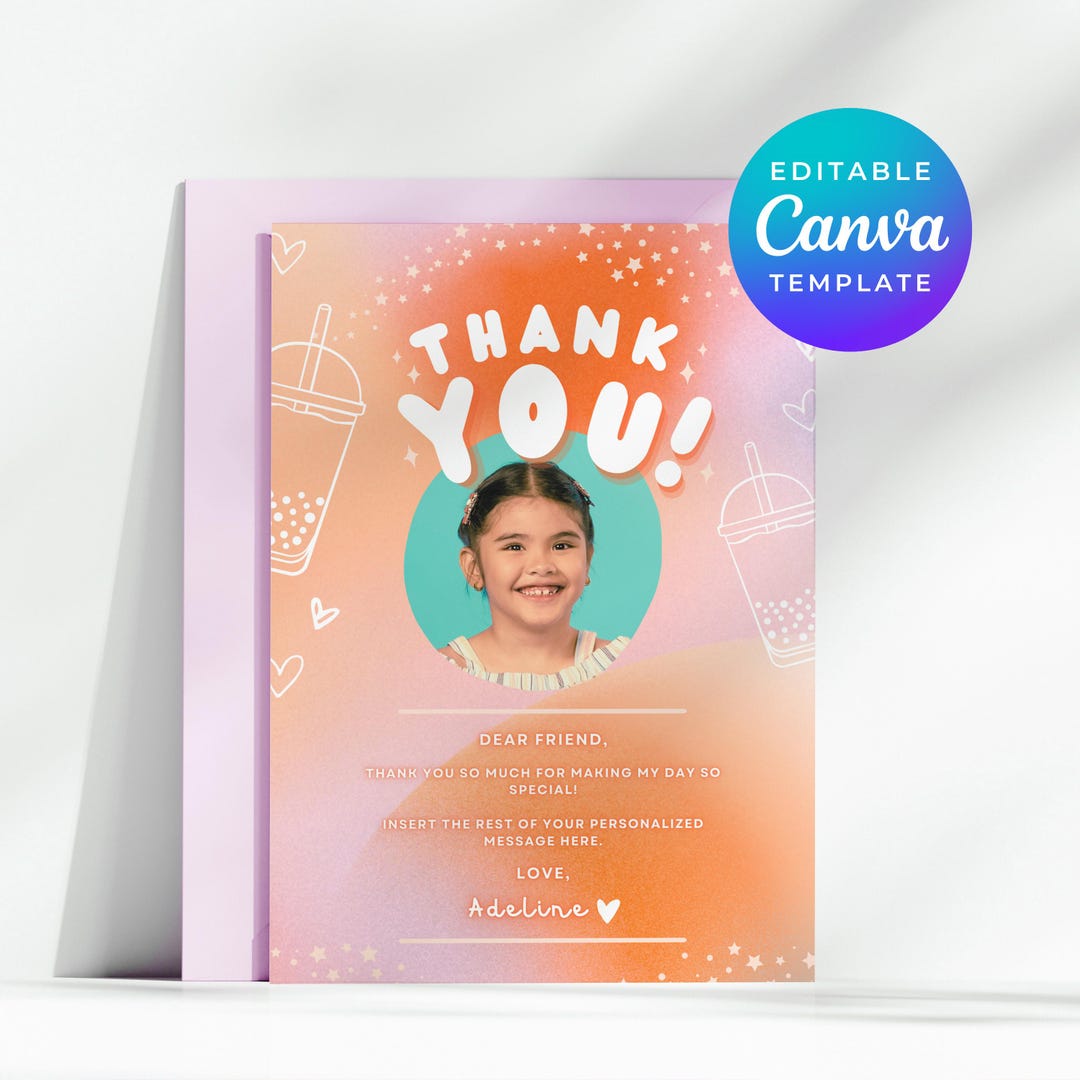 Boba Tea Birthday Party Thank You Note With Editable Photo Printable ...