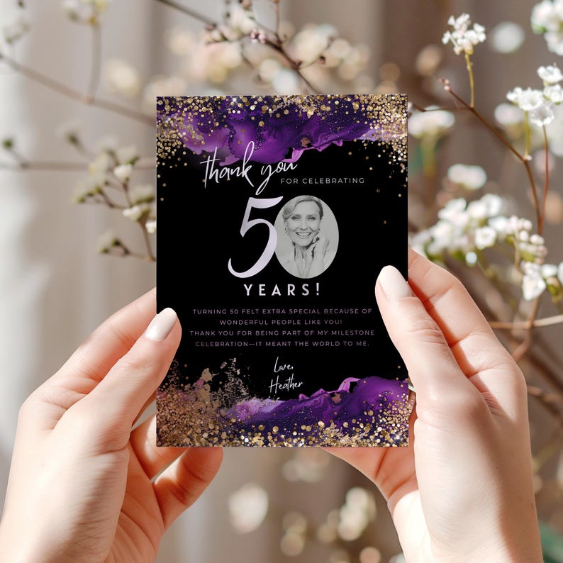 50th Birthday Thank You Card With Picture Pic Photo Women Purple and ...