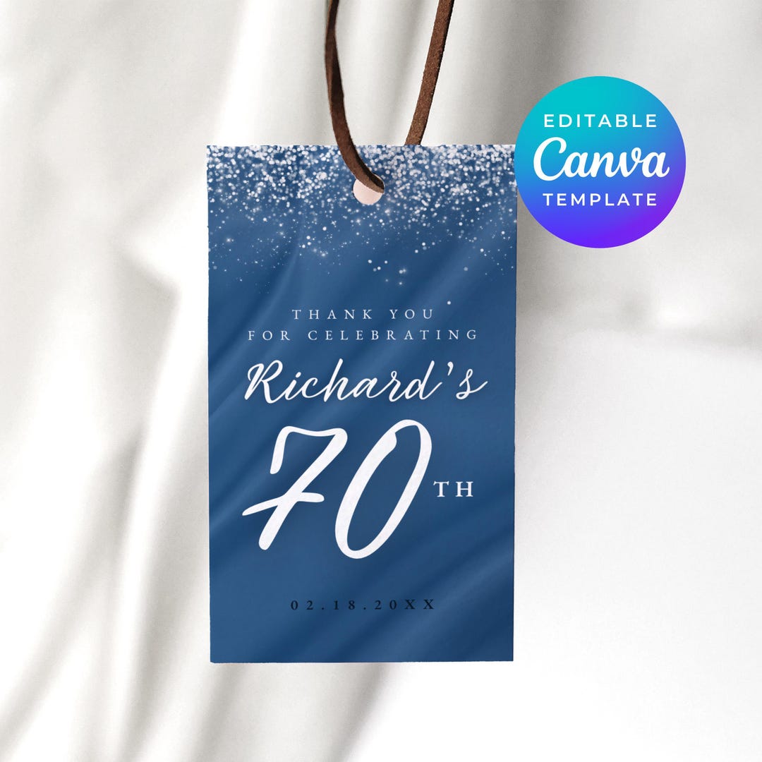 70th Birthday Thank You Tags Blue and Silver Favors Editable Canva ...