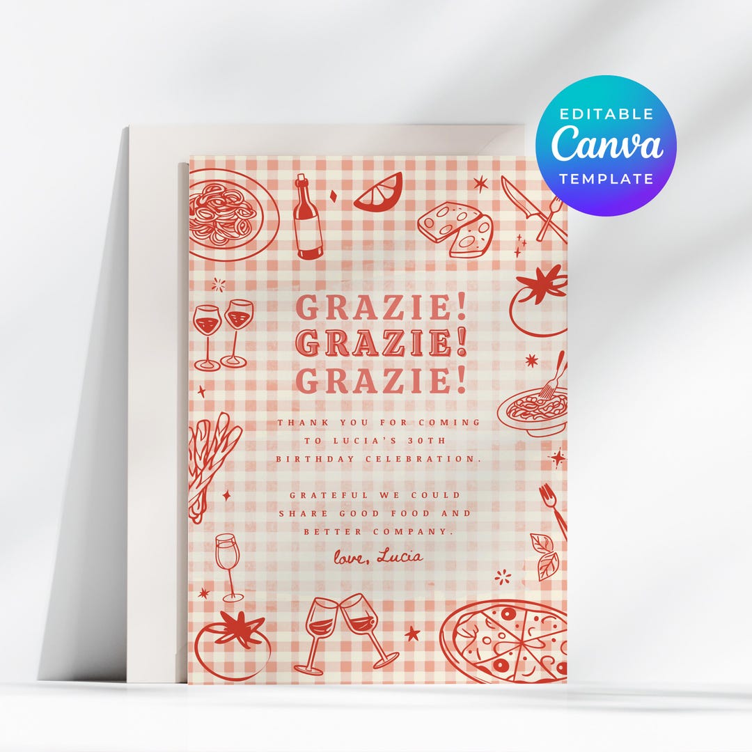 Italian Pasta Theme Thank You Card, Gingham Birthday Printable, 30th ...