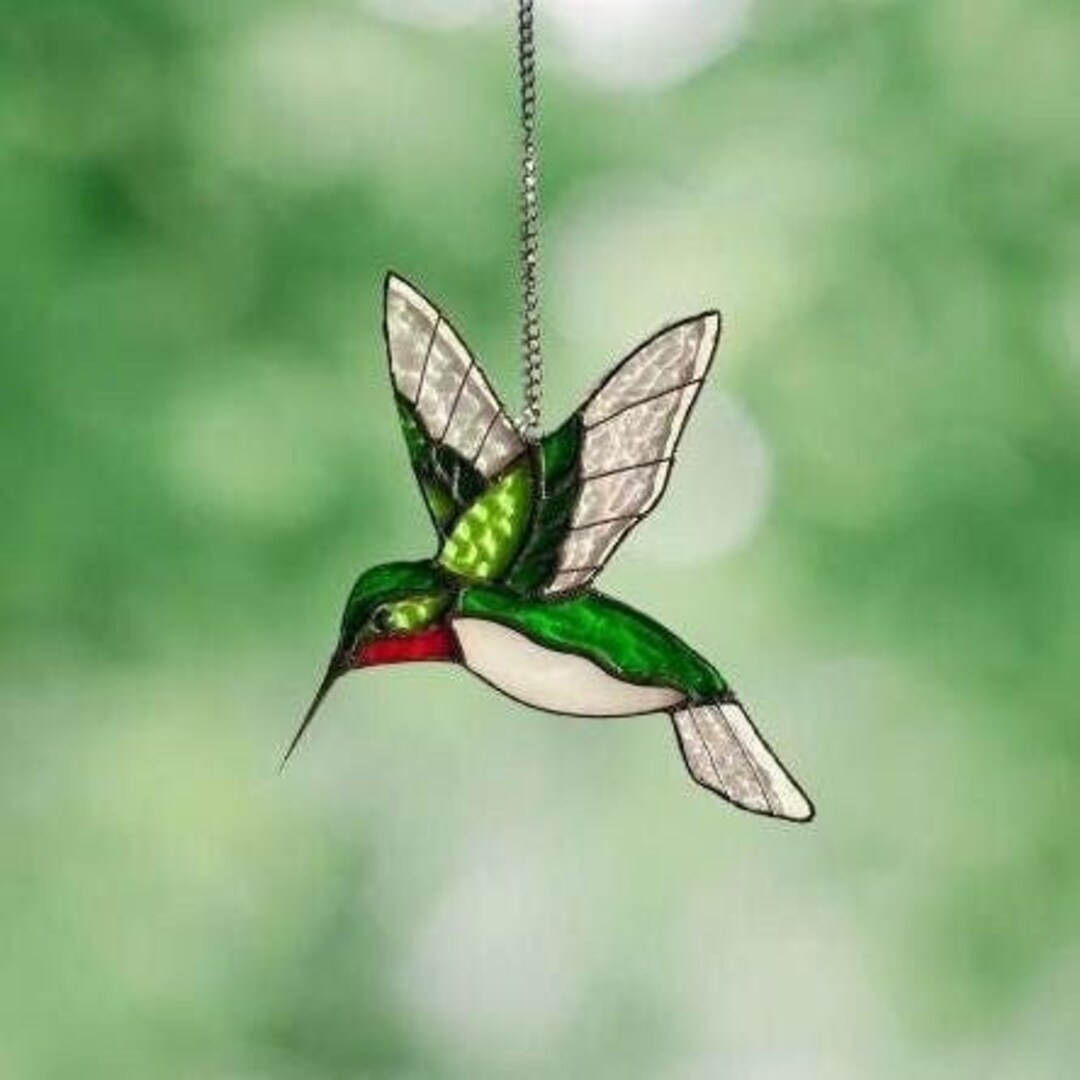 Hummingbird Stained Glass Window Hanging Green Bird Sun Catcher Custom ...