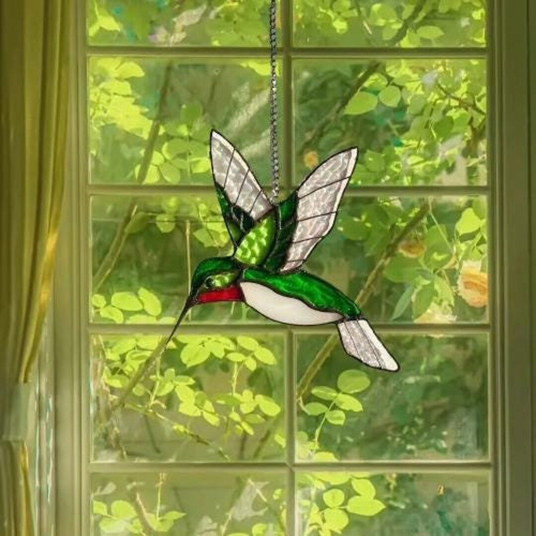Cute Hummingbird Stained Glass Window Hanging Green Bird Sun Catcher ...