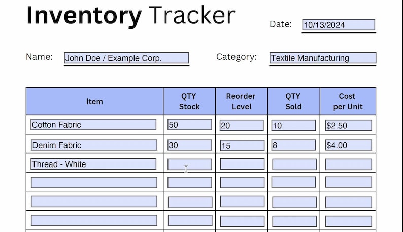 Inventory Tracker PDF Excel Template | Printable Digital Log for Small ...