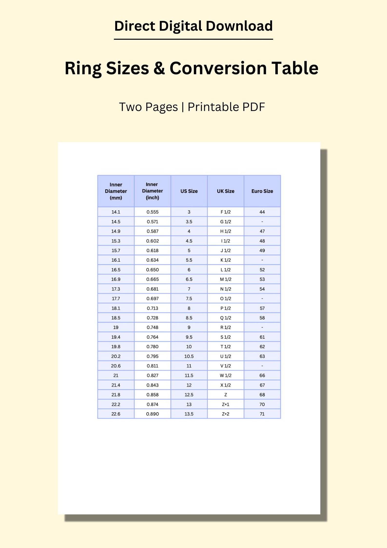 Ring Size Chart Printable Sizer Chart Guide for Easy Measuring Instant ...