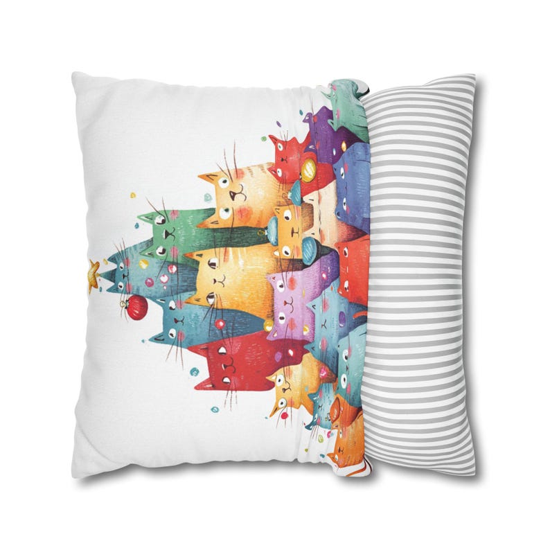 Cute Christmas Cat Tree Pillowcase, Graphic Style Cat Decorative Cat ...