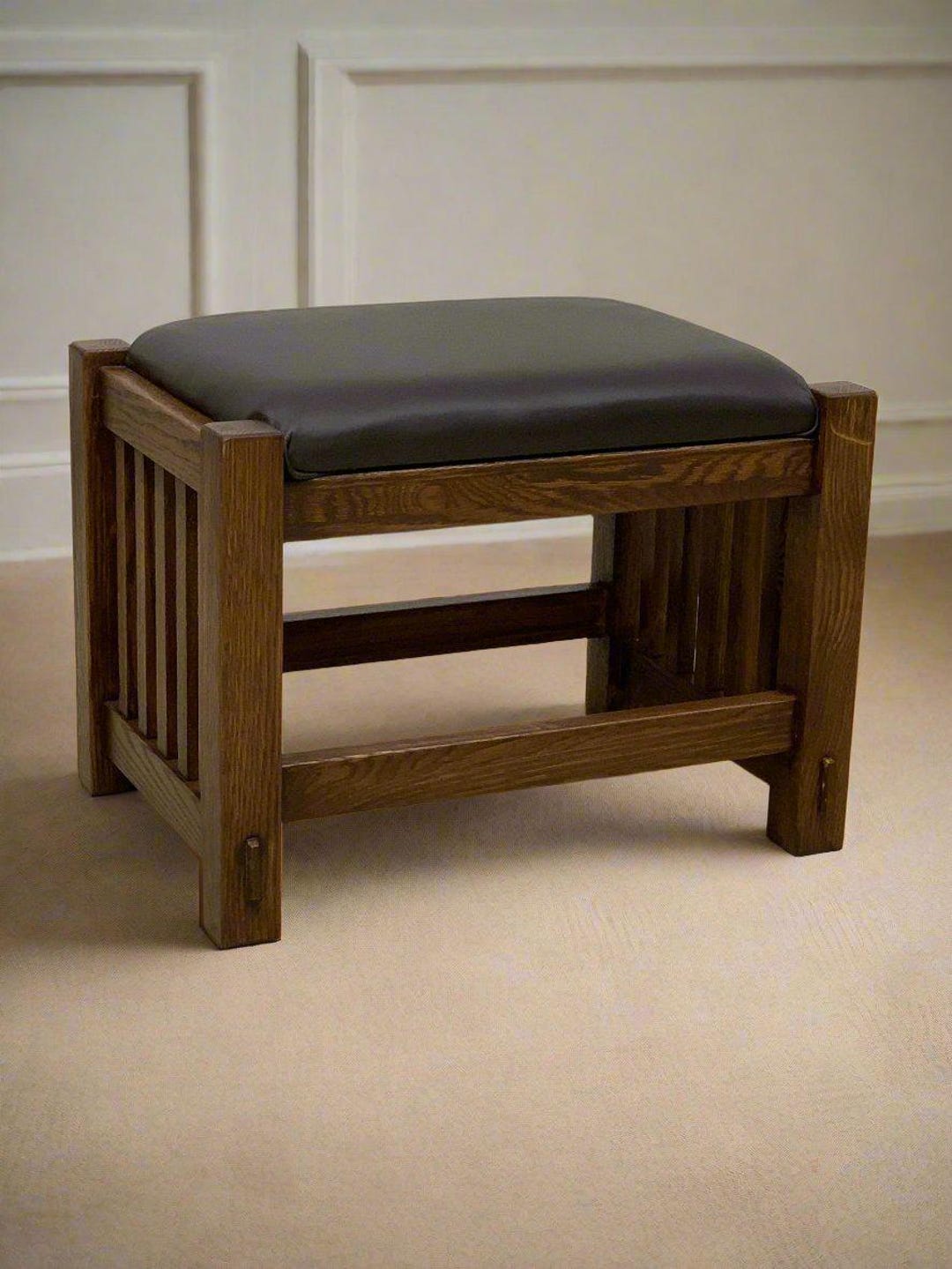 Mission Solid Oak and Leather Foot Stool / Ottoman With Side Spindles ...