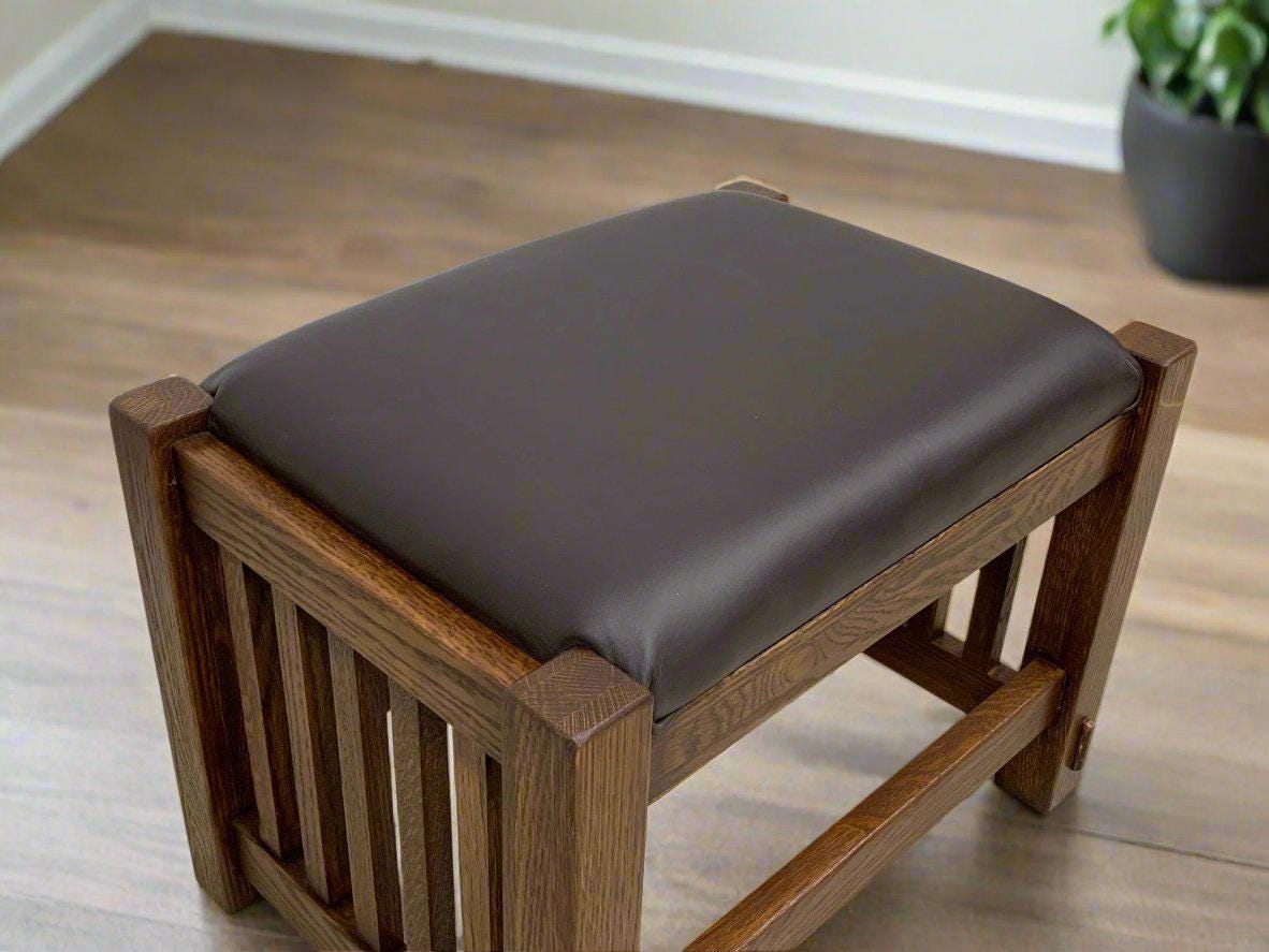 Mission Solid Oak and Leather Foot Stool / Ottoman With Side Spindles ...