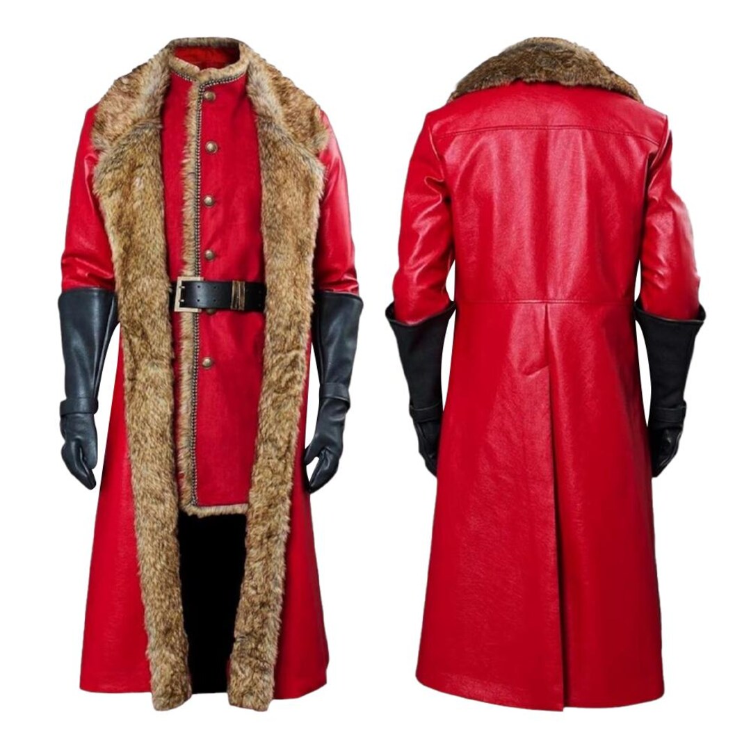 Christmas Red Santa Claus Fur Coat Handmade Men's Festive Leather ...
